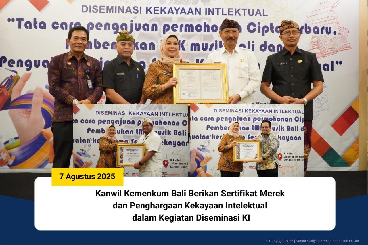 Kanwil Kemenkum Bali Berikan Sertifikat Merek dan Penghargaan Kekayaan Intelektual dalam ...